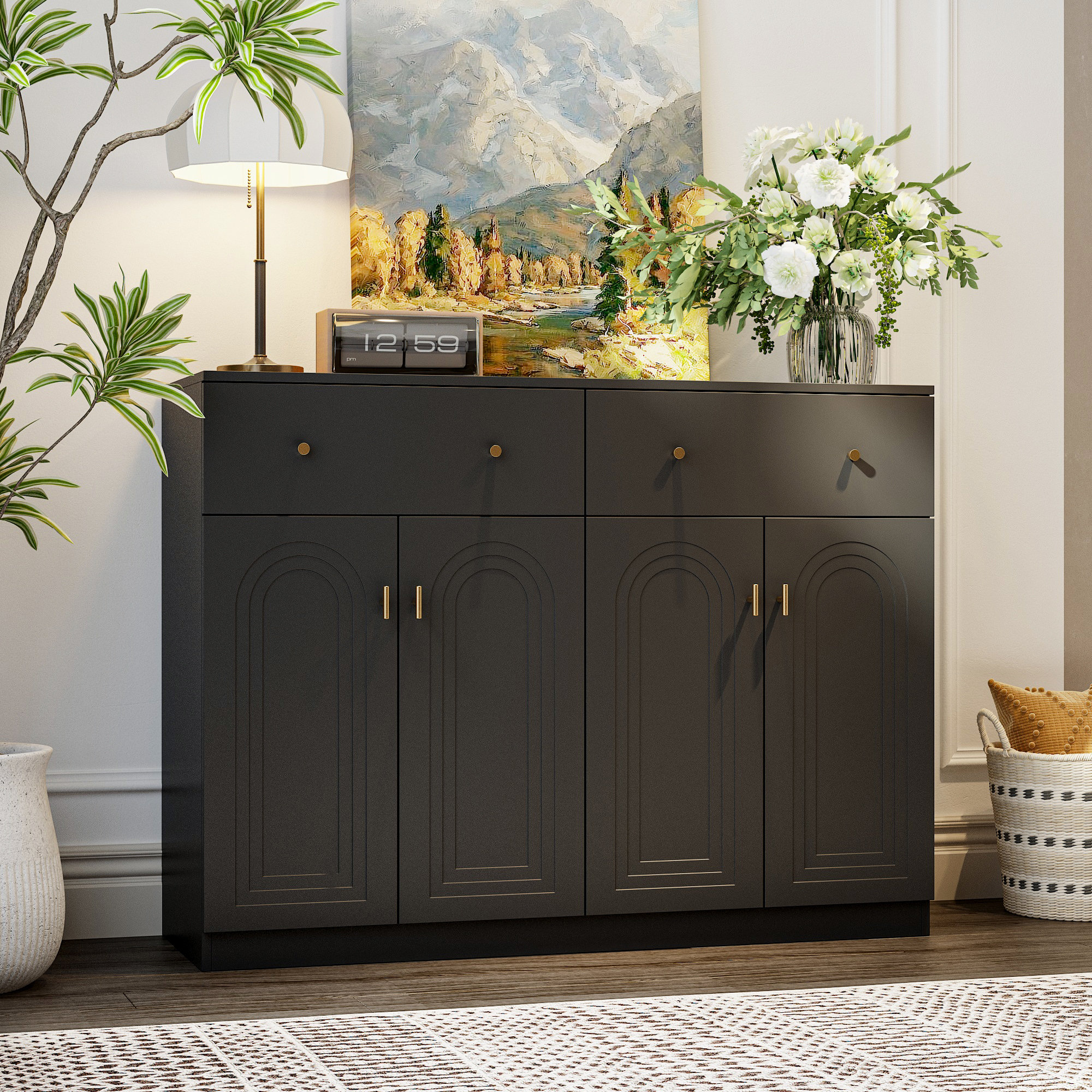 Hokku Designs 47.2" Wide Black Horizontal Shoe Cabinet With 2 Drawers | Wayfair